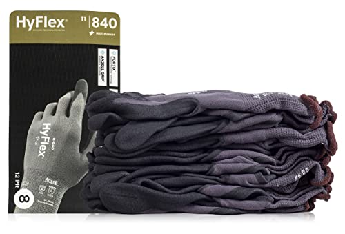 HYFLEX 11-840 Ergonomic Abrasion-Resistant Nylon Spandex Nitrile Coated Industrial Gloves for Automotive, Fabrication - Med (8) Grey (1 Pair)