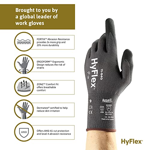 HYFLEX 11-840 Ergonomic Abrasion-Resistant Nylon Spandex Nitrile Coated Industrial Gloves for Automotive, Fabrication - Med (8) Grey (1 Pair)