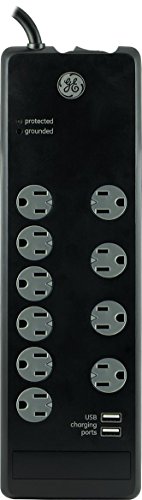 GE Surge Protector with 10 Outlets and 2 USB Ports, Twist-to-Lock, Black, 13476