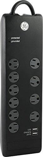 GE Surge Protector with 10 Outlets and 2 USB Ports, Twist-to-Lock, Black, 13476