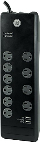 GE Surge Protector with 10 Outlets and 2 USB Ports, Twist-to-Lock, Black, 13476