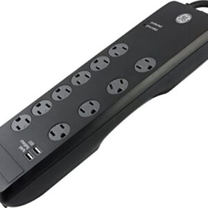 GE Surge Protector with 10 Outlets and 2 USB Ports, Twist-to-Lock, Black, 13476