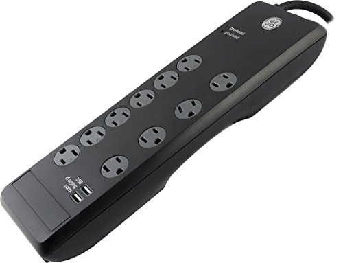 GE Surge Protector with 10 Outlets and 2 USB Ports, Twist-to-Lock, Black, 13476