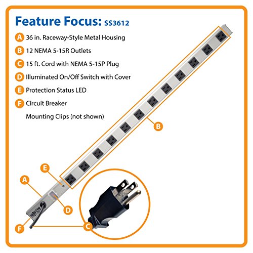 Tripp Lite 12 Outlet Power Strip with Surge Protection, 15ft. Cord, Metal, 36 in. length, (SS3612),Gray