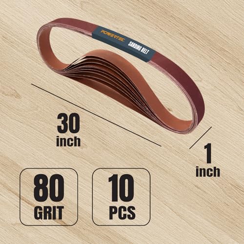 POWERTEC 111290 1 x 30 Inch Sanding Belts, 80 Grit Aluminum Oxide Belt Sander Sanding Belt for WEN 6515T/ Bucktool Belt and Disc Sander, Woodworking, Metal Polishing, Knife Sharpening, 10PK