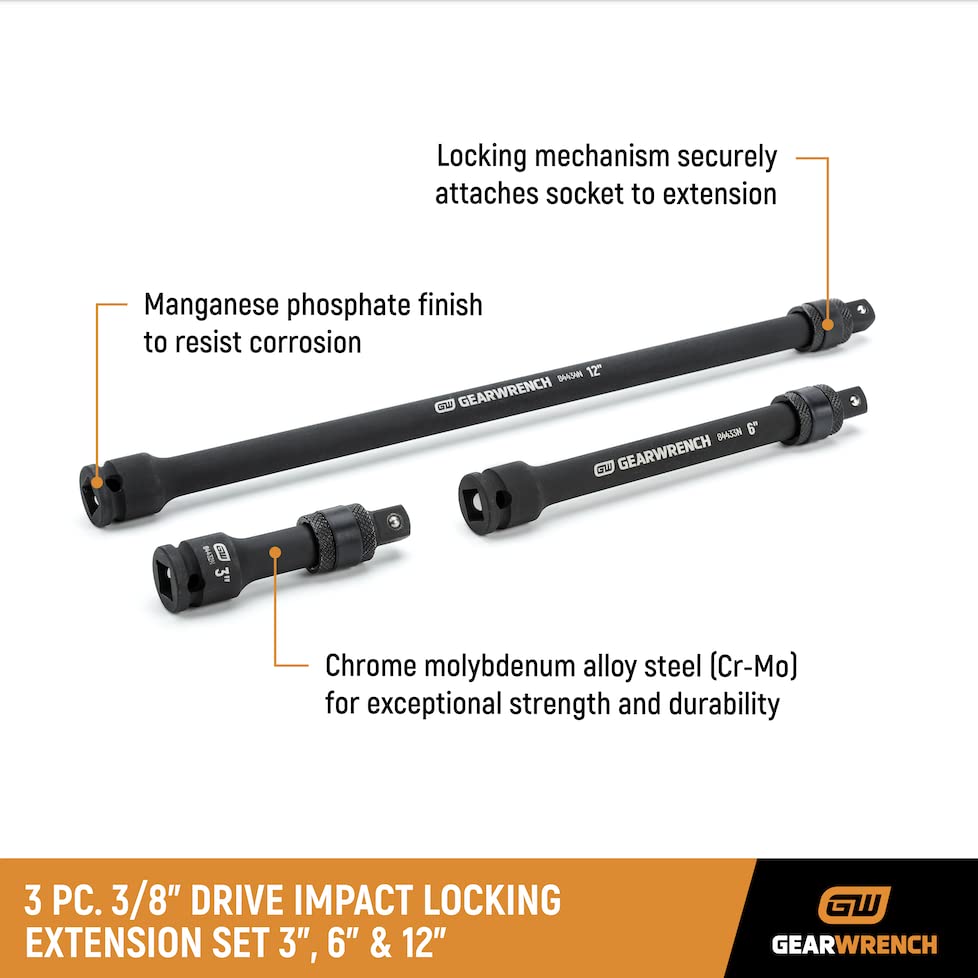 GEARWRENCH 3 Pc. 3/8" Drive Impact Locking Extension Set 3", 6" & 12" - 84927N