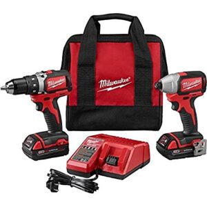 milwaukee 2798-22ct-18v compact brushless drill/brushless impact combo kit (2 tool) + 2 li-ion battery(18v/1.5ah) + multi-voltage charger(12-18v) + belt clip + contractor bag