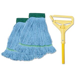 boardwalk looped end mop kit, medium blue cotton/rayon/synthetic head, 60" yellow metal/polypropylene handle