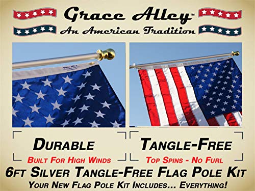 Flag Pole Kit 6 Ft Flagpole with Embroidered American Flag by Grace Alley - Embroidered Stars and Stitched Stripes, Brushed Silver Aluminum Rust Free & Tangle Free Wind Resistant Pole and Multi-Position White Bracket for Residential or Commercial Use