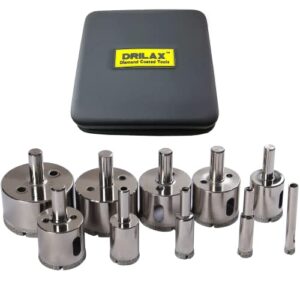 drilax diamond hole saw set with template guide 0.25 to 2 inches 10 pieces for ceramic porcelain glass tiles quartz granite drilling 1/4, 3/8, 1/2 (0.5), 3/4, 1, 1 1/4, 1 3/8, 1 1/2, 1 3/4, 2 inches