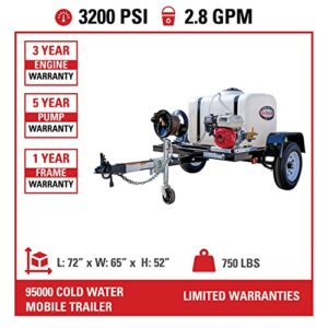 SIMPSON Cleaning 95000 Mobile Trailer 3200 PSI Cold Water Gas Pressure Washer System, 2.8 GPM, Honda Engine, Includes Spray Gun and Wand, 5 QC Nozzle Tips, Monster Series 3/8-in. x 50-ft. Hose