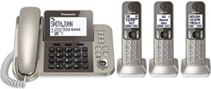 panasonic corded/cordless phone system with answering machine and one touch call blocking – 3 handsets - kx-tgf353n (champagne gold)