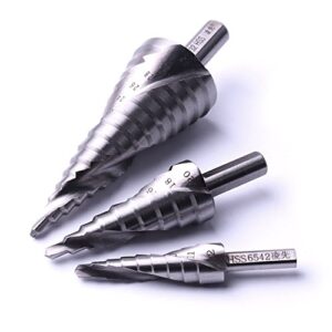 atoplee step drill bit, 3pcs hss 6542 spiral fluted step drill bit set (metric 4-12mm/4-20mm/4-32mm)