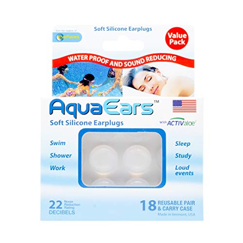 Soft Moldable Earplugs, 18 Pairs for Sleeping, Live Events, Swimming - AquaEars, Made in Vermont