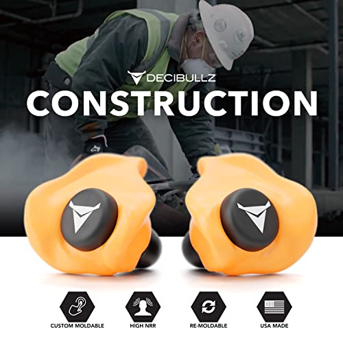 Decibullz - Custom Molded Earplugs, 31dB Highest NRR, Comfortable Hearing Protection for Shooting, Travel, Swimming, Work and Concerts (Orange)