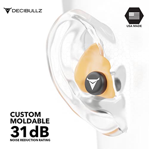 Decibullz - Custom Molded Earplugs, 31dB Highest NRR, Comfortable Hearing Protection for Shooting, Travel, Swimming, Work and Concerts (Orange)