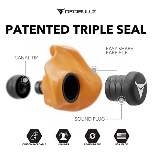 Decibullz - Custom Molded Earplugs, 31dB Highest NRR, Comfortable Hearing Protection for Shooting, Travel, Swimming, Work and Concerts (Orange)