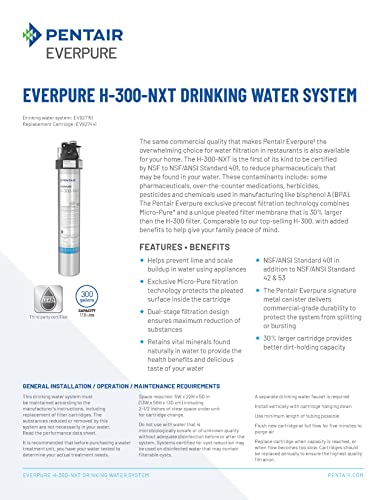 Pentair Everpure H-300-NXT Quick-Change Filter Cartridge, EV927441, For Use in Everpure H-300 Drinking Water Systems, 300 Gallon Capacity, 0.5 Micron