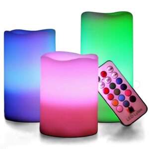 led multi colored flameless candles battery operated, 3 round ivory wax with multi-function timer remote control, flickering flame candle set for room decor for teens by led lytes