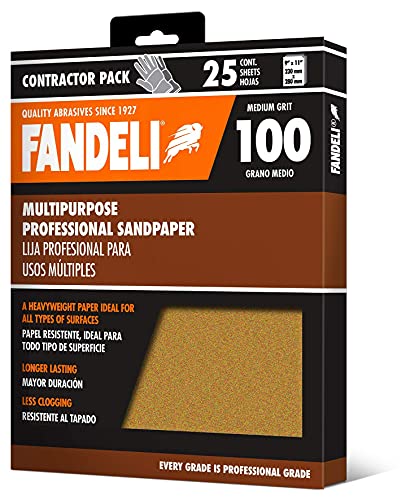 Fandeli | Multi-Purpose Sandpaper | 100 Grit | 25 Sheets of 9'' x 11'' | Ideal for Sanding Metal, Untreated Wood and Painted Surfaces