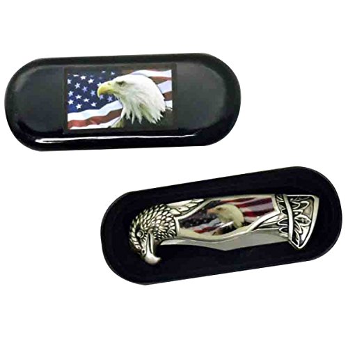 Treasure Gurus USA Flag & American Bald Eagle Head Shaped Folding Pocket Knife w/Gift Box Case