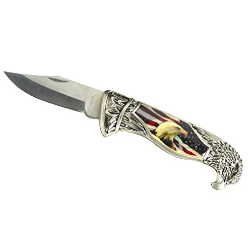 Treasure Gurus USA Flag & American Bald Eagle Head Shaped Folding Pocket Knife w/Gift Box Case