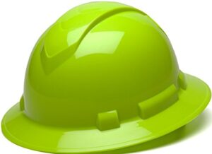 pyramex ridgeline full brim hard hat, 4-point ratchet suspension, hi-vis lime