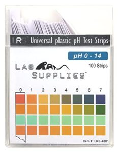 plastic ph test strips, universal application (ph 0-14), 100 strips | for saliva, soap, urine, food, liquids, water with soil testing, lab monitoring, etc.