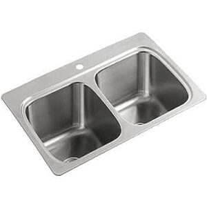 KOHLER 5267-1-NA Verse 33" X 22" X 9-1/4" Top-Mount Double-Equal Bowl Kitchen Sink With Single Faucet Hole, Stainless Steel