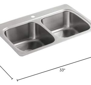 KOHLER 5267-1-NA Verse 33" X 22" X 9-1/4" Top-Mount Double-Equal Bowl Kitchen Sink With Single Faucet Hole, Stainless Steel