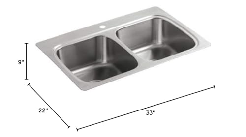 KOHLER 5267-1-NA Verse 33" X 22" X 9-1/4" Top-Mount Double-Equal Bowl Kitchen Sink With Single Faucet Hole, Stainless Steel