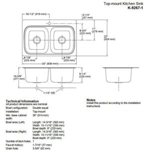 KOHLER 5267-1-NA Verse 33" X 22" X 9-1/4" Top-Mount Double-Equal Bowl Kitchen Sink With Single Faucet Hole, Stainless Steel