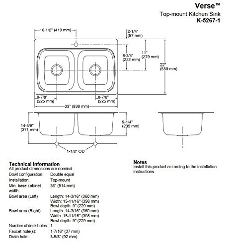 KOHLER 5267-1-NA Verse 33" X 22" X 9-1/4" Top-Mount Double-Equal Bowl Kitchen Sink With Single Faucet Hole, Stainless Steel