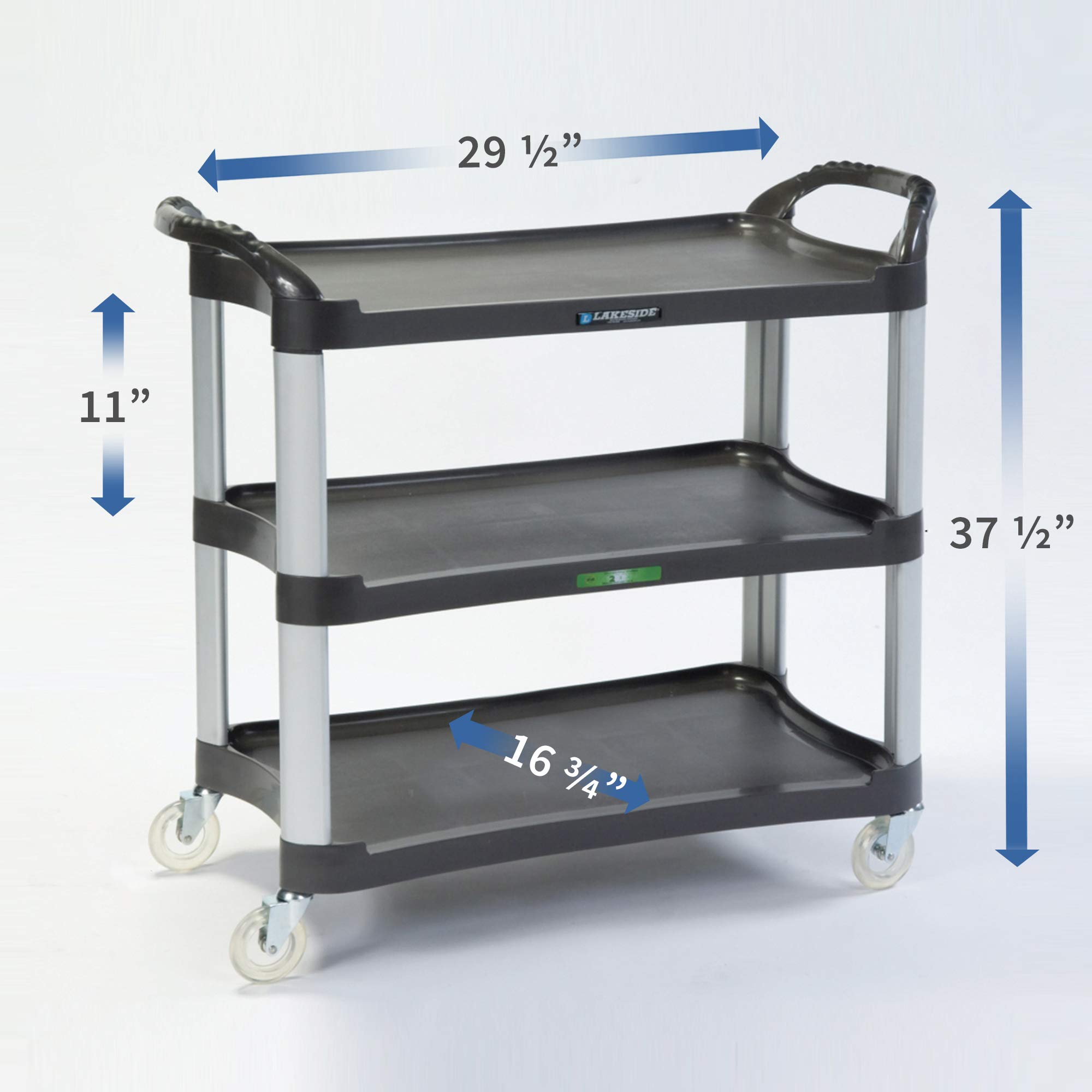 Lakeside 2512 Utility Cart, Plastic, 3 Shelves, 500 lb. Capacity, Charcoal