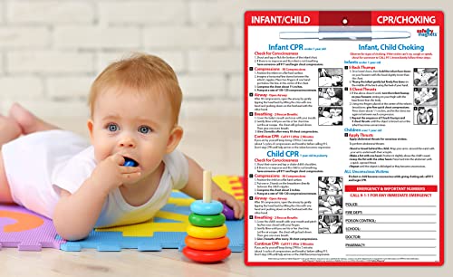 Infant and Child CPR and Choking Magnet - First Aid Quick Reference Card for Children - Emergency Phone Numbers - Laminated with Magnets, Marker - 8.5 x 11 in.