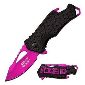 mtech usa – spring assisted folding knife – pink fine edge stainless steel blade with black nylon fiber handle, bottle opener, pocket clip, tactical, edc, self defense- mt-a882pk