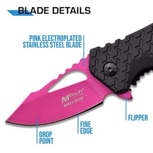 MTech USA – Spring Assisted Folding Knife – Pink Fine Edge Stainless Steel Blade with Black Nylon Fiber Handle, Bottle Opener, Pocket Clip, Tactical, EDC, Self Defense- MT-A882PK