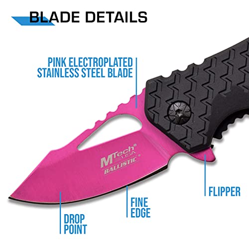 MTech USA – Spring Assisted Folding Knife – Pink Fine Edge Stainless Steel Blade with Black Nylon Fiber Handle, Bottle Opener, Pocket Clip, Tactical, EDC, Self Defense- MT-A882PK