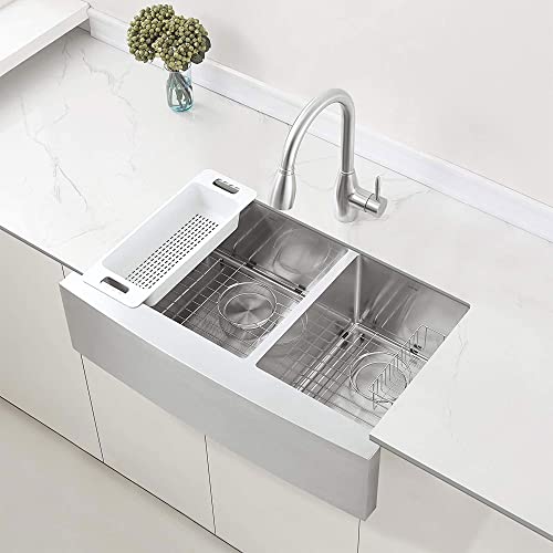 ZUHNE Stainless Steel Double Basin Farmhouse Sink 60/40 (33-Inch Curved Apron Front)