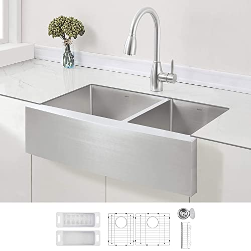 ZUHNE Stainless Steel Double Basin Farmhouse Sink 60/40 (33-Inch Curved Apron Front)