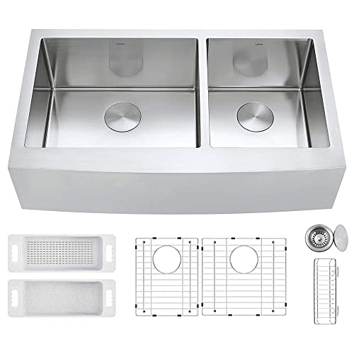 ZUHNE Stainless Steel Double Basin Farmhouse Sink 60/40 (33-Inch Curved Apron Front)