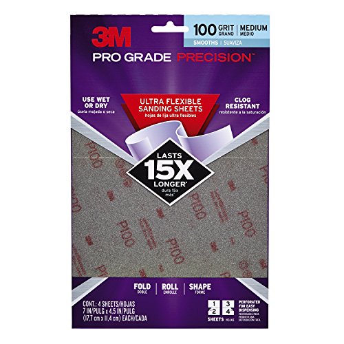 3M Pro Grade Precision 4-1/2-Inch x 7-inch Ultra Flexible Sanding Sheets 4-Pack 100-Grit Medium