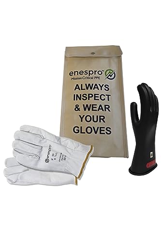 Enespro Class 0 Black Rubber Voltage Insulating Glove Kit with Leather Protectors, Max. Use Voltage 1,000V AC/ 1,500V DC, KITGC0B10