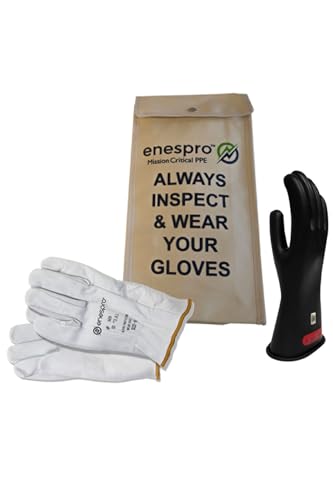 Enespro Class 0 Black Rubber Voltage Insulating Glove Kit with Leather Protectors, Max. Use Voltage 1,000V AC/ 1,500V DC, KITGC0B10