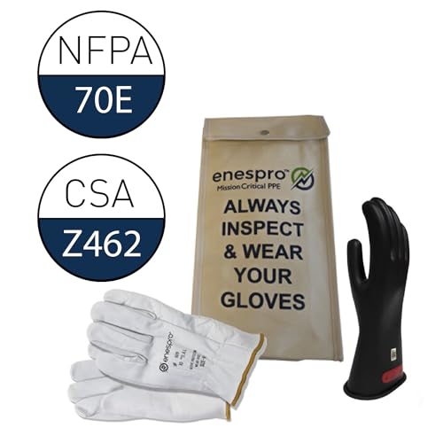 Enespro Class 0 Black Rubber Voltage Insulating Glove Kit with Leather Protectors, Max. Use Voltage 1,000V AC/ 1,500V DC, KITGC0B10