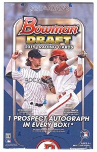 2015 bowman draft picks baseball cards hobby box (24 packs/box, 7 cards/pack). each box includes 1 autograph. look out for other rookie inserts, parallels, and die cuts! 11/25 release date.