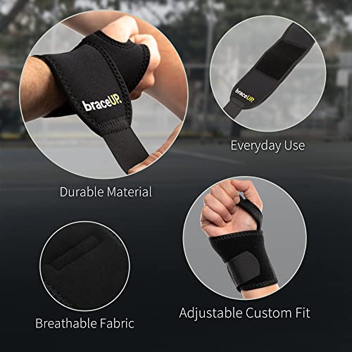 BraceUP Adjustable Wrist Wrap for Men and Women - Workouts Wrist Band, Carpal Tunnel Compression Wrist Brace, Tendonitis Wrist Splint, Left Right Hand One Size Adjustable (Black)