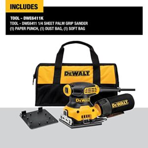 DEWALT Palm Sander, 1/4-Inch, 2.3 Amp, 14,000 OPM, Storage Bag Included, Corded (DWE6411K), Yellow