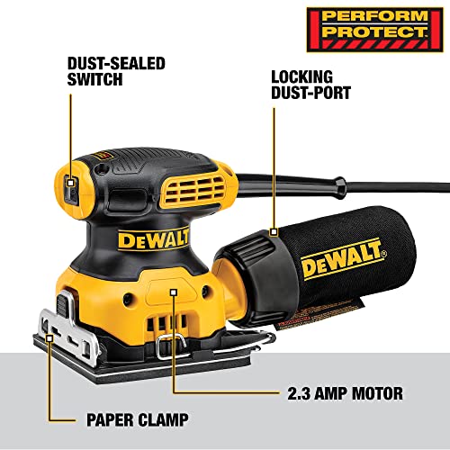 DEWALT Palm Sander, 1/4-Inch, 2.3 Amp, 14,000 OPM, Storage Bag Included, Corded (DWE6411K), Yellow