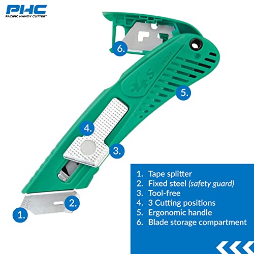 Pacific Handy Cutter S4SR Self-Retracting Safety Cutter with Fixed Metal Guard, Bladeless Tape Splitter, Steel Guard for Safety and Damage Protection, for Warehouse and In-Store Cutting, green